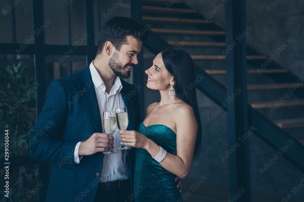 Profile photo of two people couple affectionate guy and lady standing ...