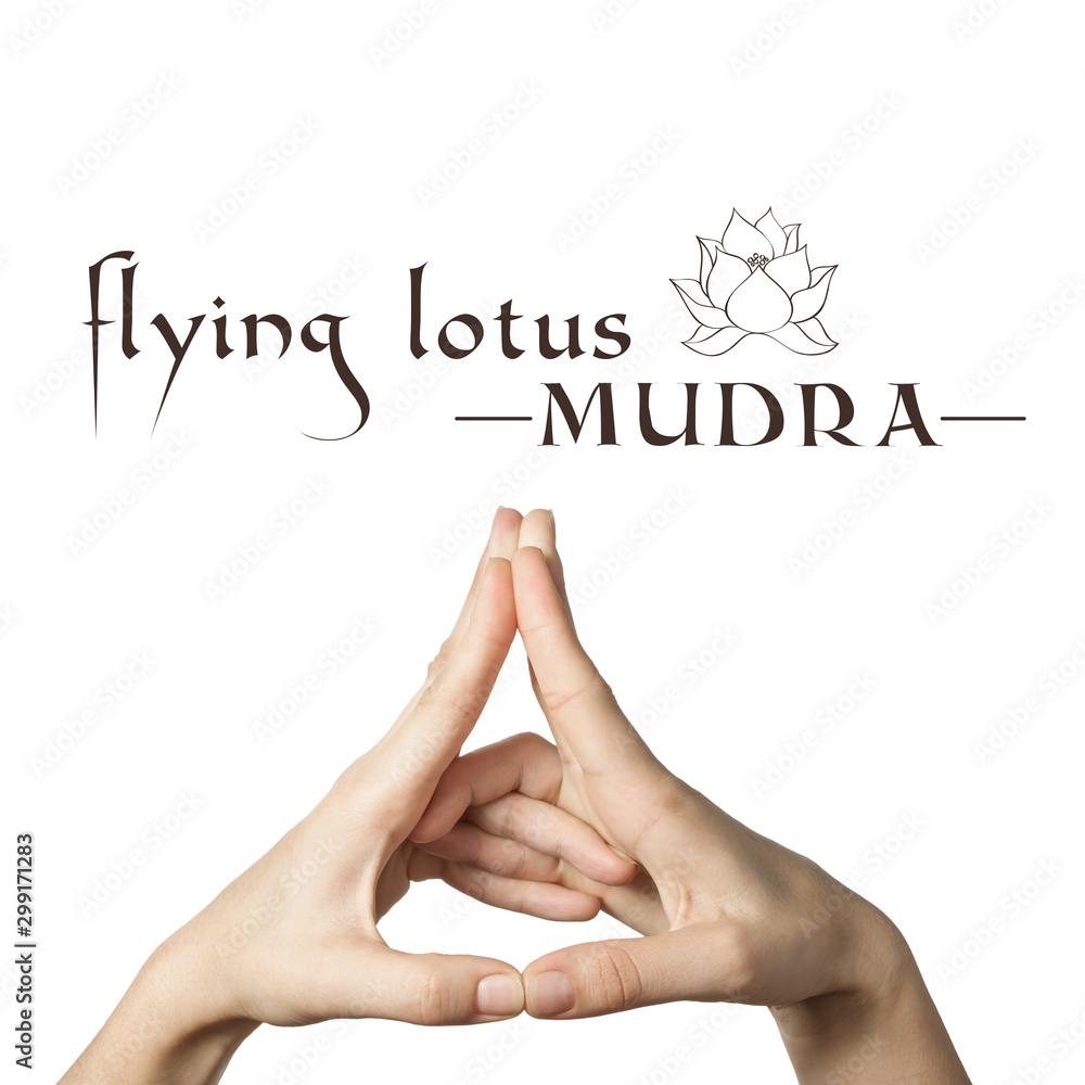 Flying lotus mudra. Yogic hand gesture on white isolated background ...