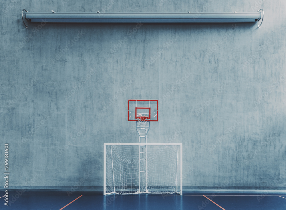 Front view of the court in the gym hall; an indoor modern office ...