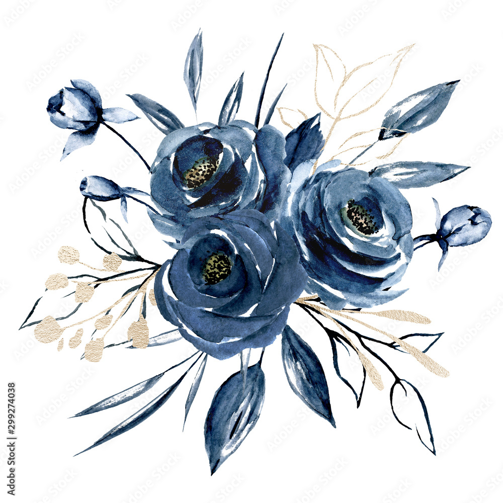 Navy blue flowers watercolor, floral clip art. Bouquet roses perfectly ...