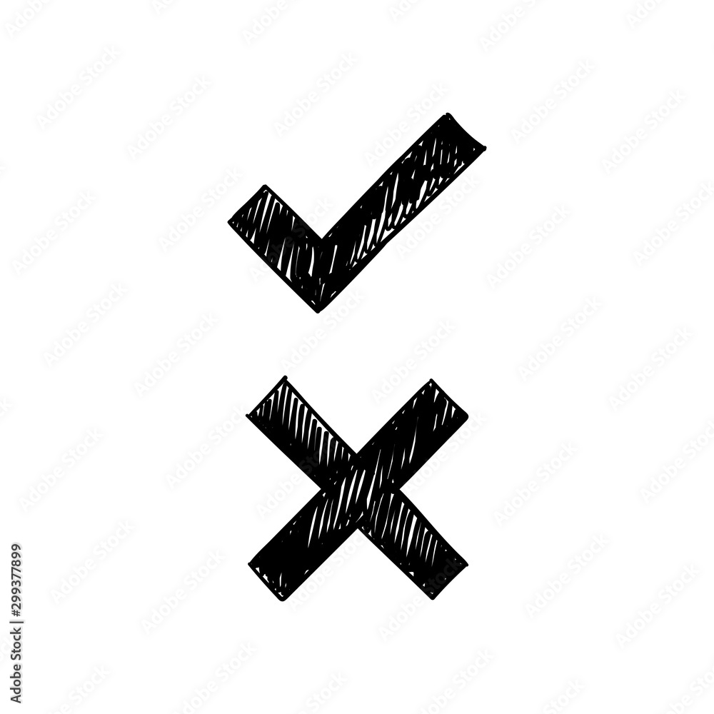 Checkmark icon doodles. Approval tick and wrong X cross. Hand drawn ...