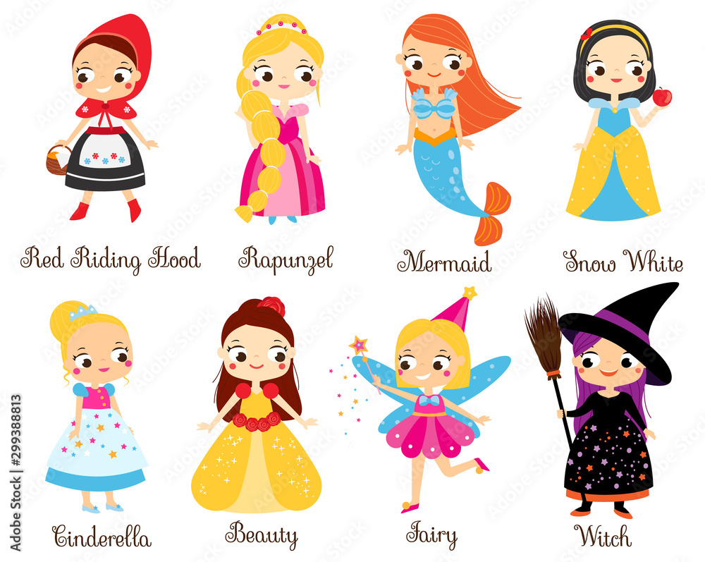 Cute fairy tales characters. Snow white, red riding hood, rapunzel ...