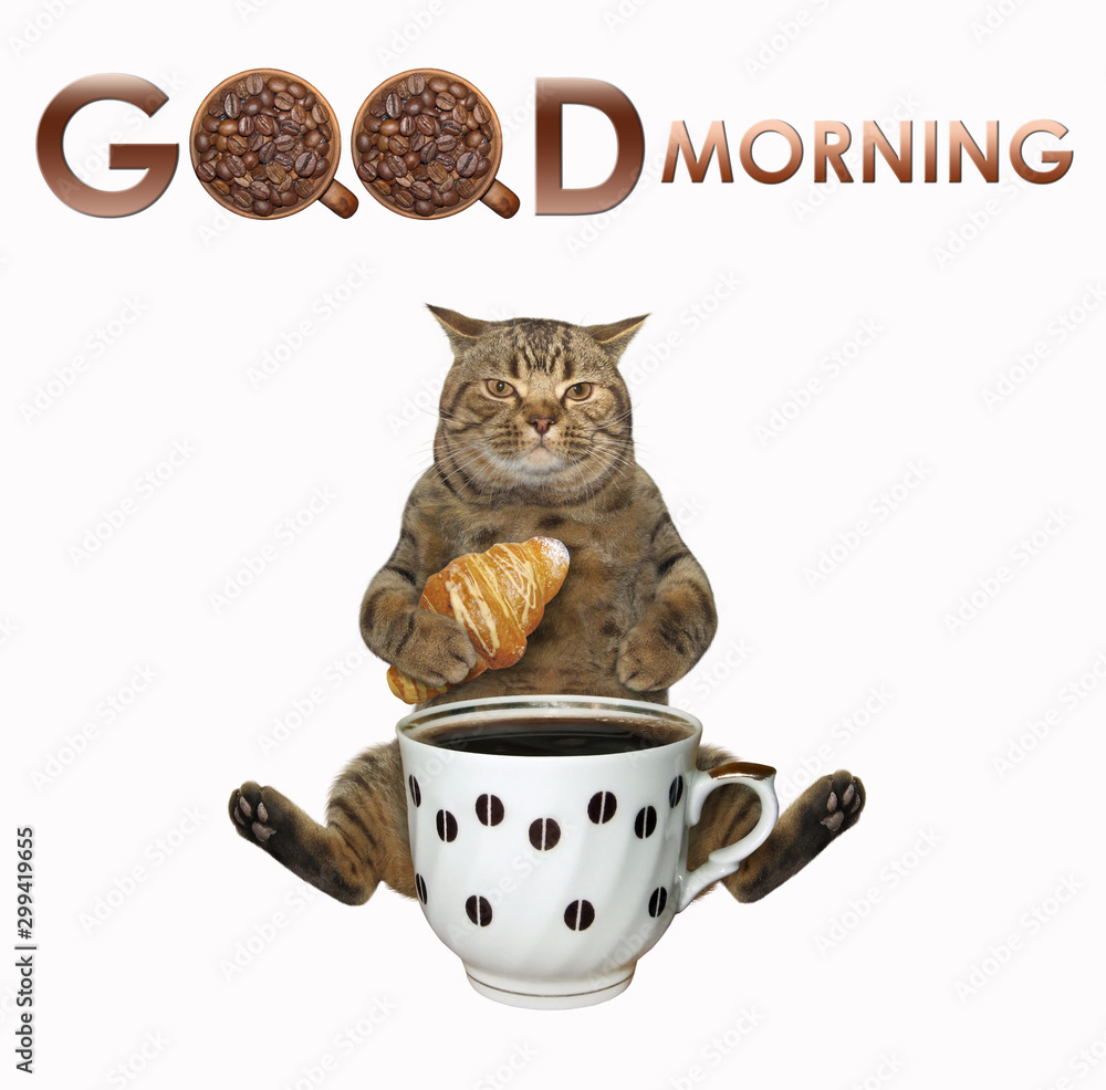 The cat with a croissant is sitting near the big cup of black coffee ...
