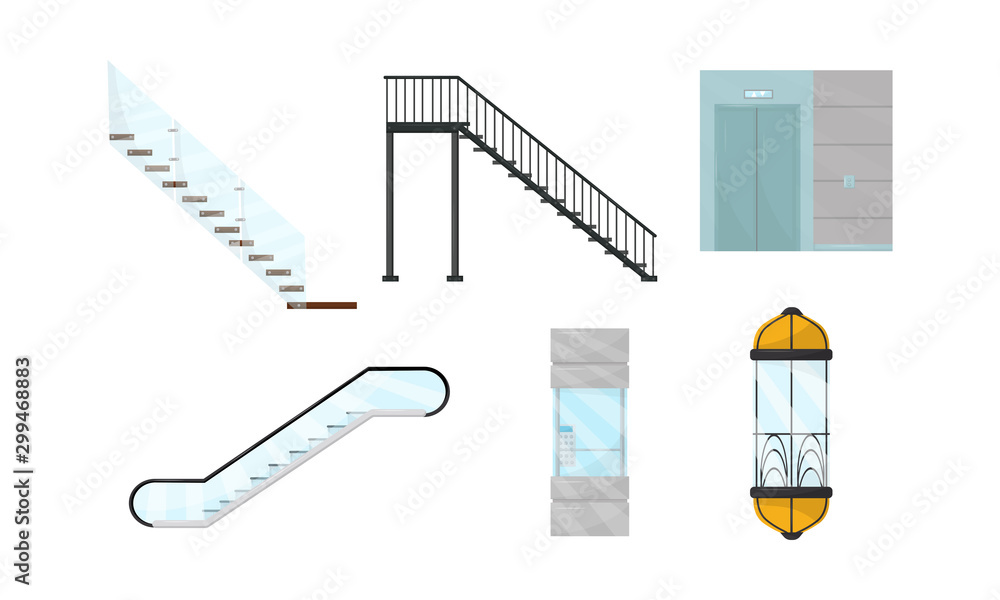 Elevators and Stairs in Different Styles Vector Illustrated Set Stock ...