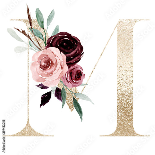 Floral alphabet, letter M with watercolor flowers and leaf. Gold ...