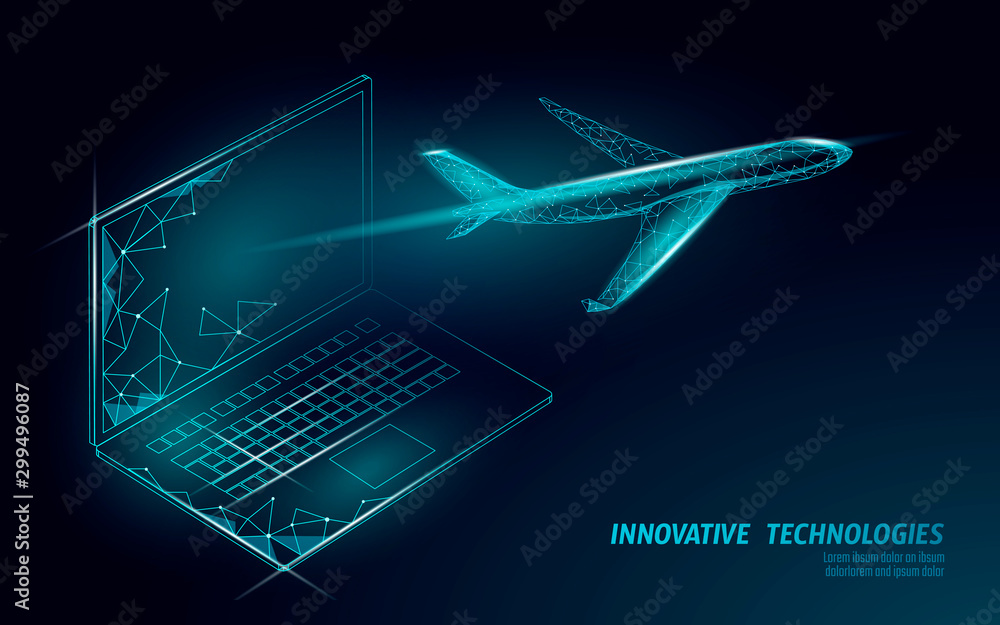Airplane flying from laptop screen. Flight up tourism journey symbol ...