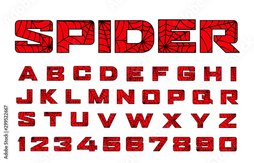 Spider font. Spiderman alphabet. Black letters on Red background ...