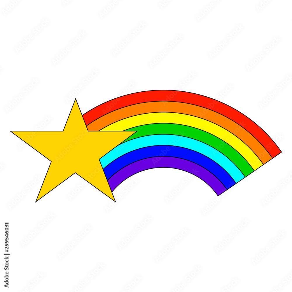 Cartoon linear doodle retro star with rainbow tail isolated on white ...