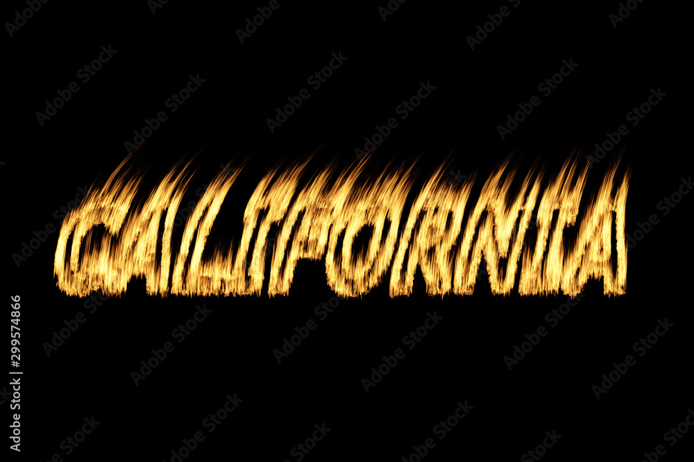 fire in california usa state title lettering in flame isolated on black ...