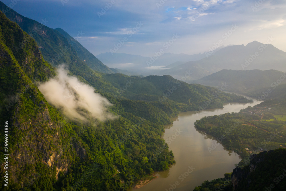 Aerial view of mountains and river Nong Khiaw. North Laos. Southeast ...