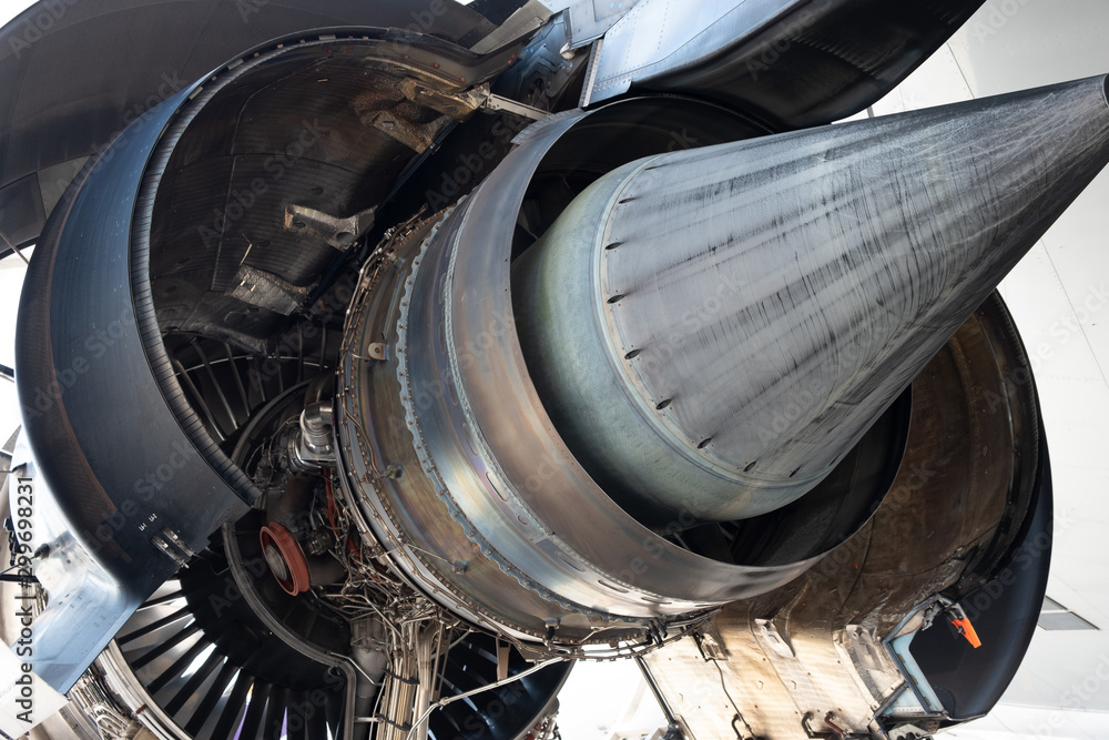 Gas turbine engine close up during maintenance when airplane park at ...