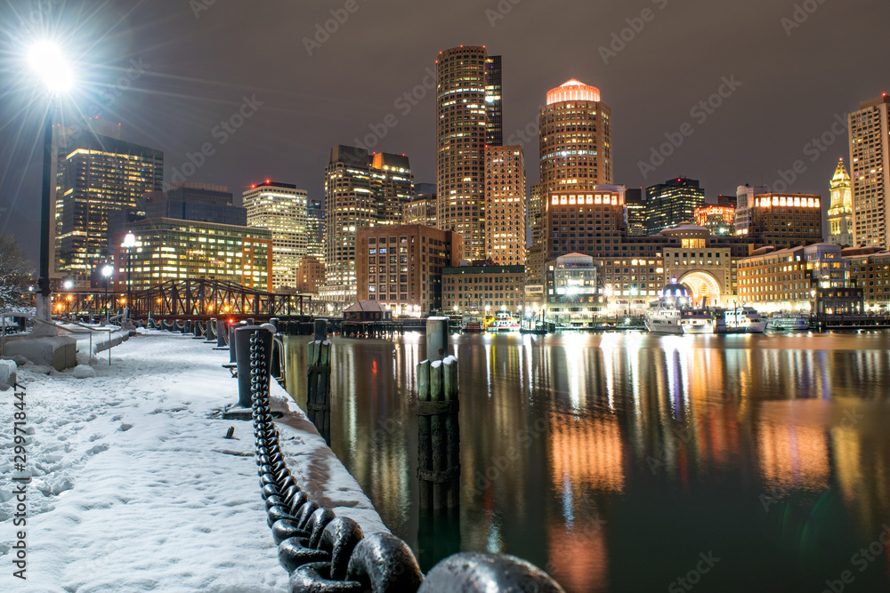 Downtown Boston, Snow-Covered Harbor Walkway, and Waterfront at Night ...