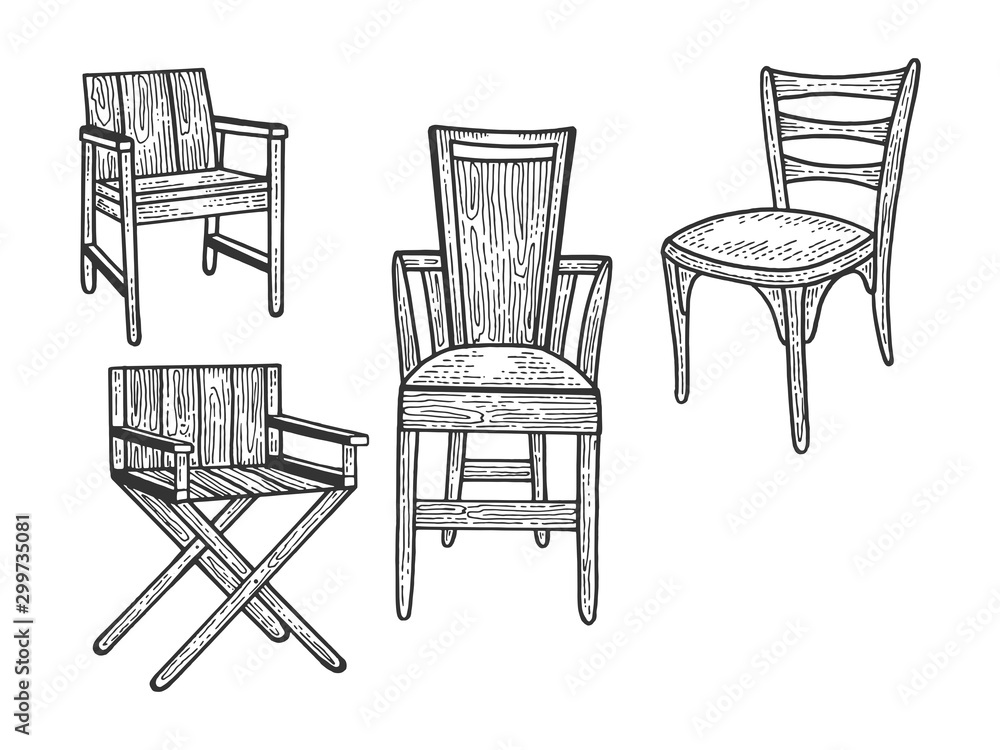 Chair set sketch engraving vector illustration. Scratch board style ...
