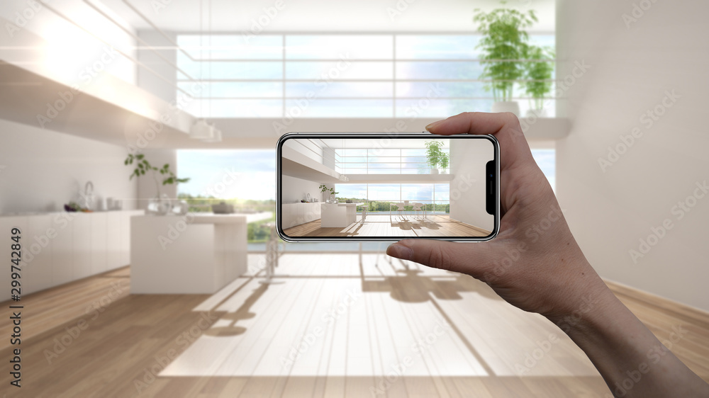 Hand holding smart phone, AR application, simulate furniture and ...