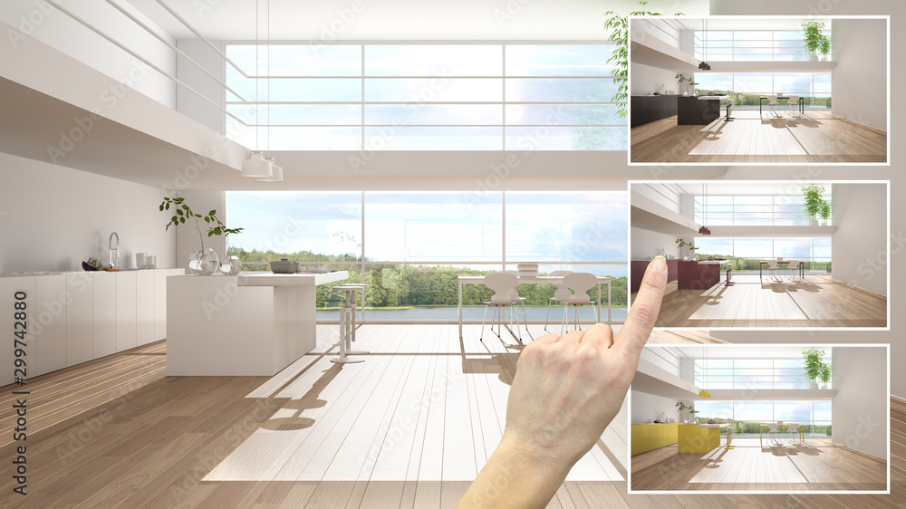 Architect designer concept, hand showing modern kitchen colors with ...