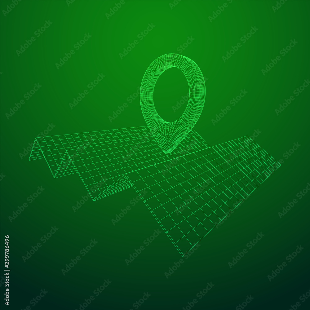 Geo map pin with folding map. Place symbol GPS pictogram. Wireframe low ...