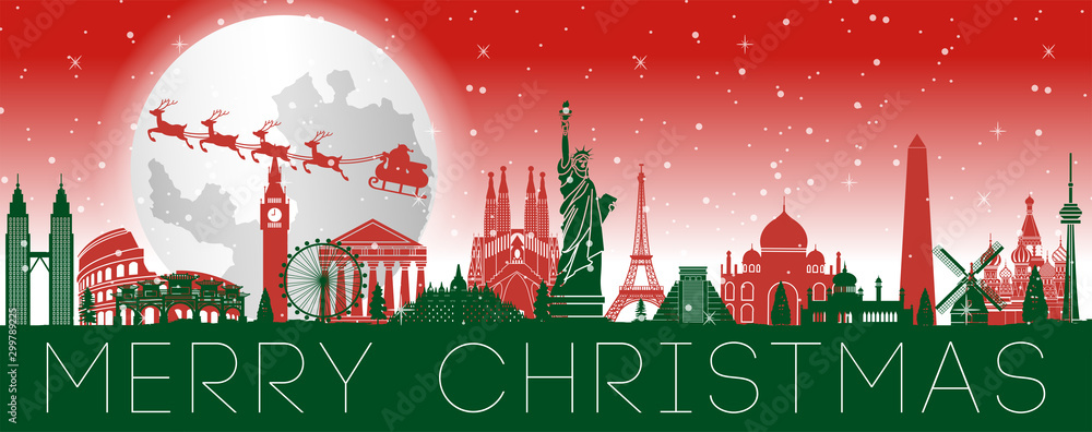 santa claus and reindeer are above world famous landmarks with ...