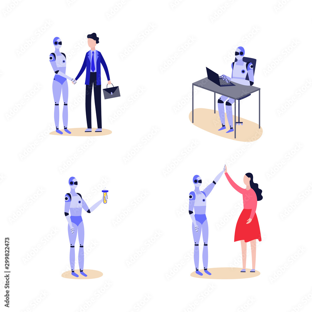 Cartoon robot set - futuristic cyborg giving handshake, working and ...