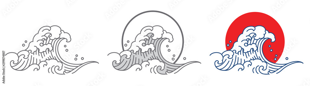 Japan great ocean wave and sun set vector illustration. Stock Vector ...
