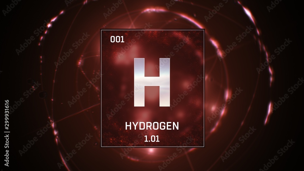 3D illustration of Hydrogen as Element 1 of the Periodic Table. Red ...