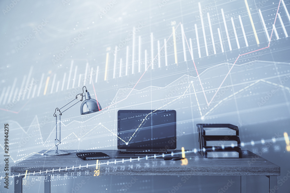 Stock market chart and desktop office computer background. Multi ...
