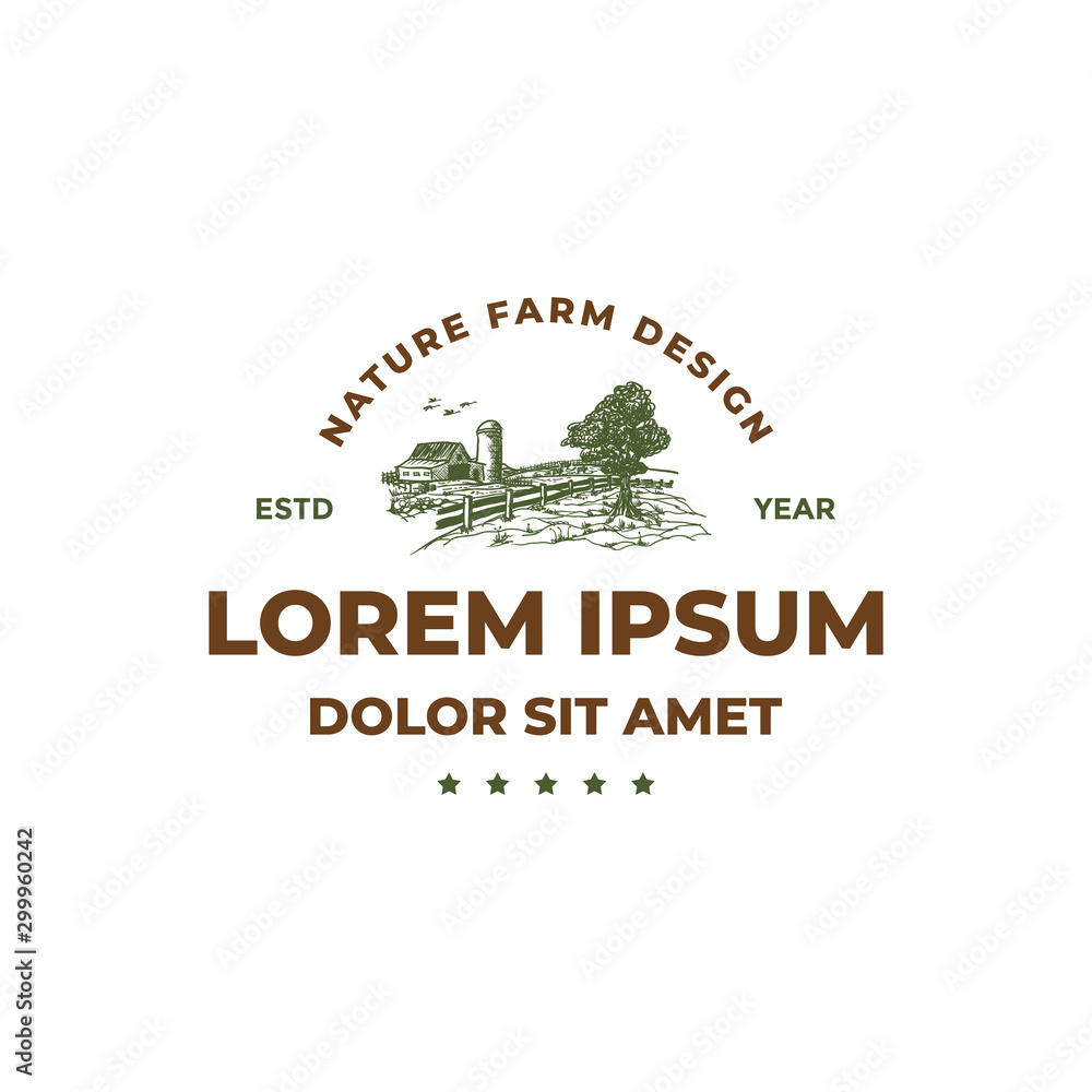 Farm field with silo and barn - logo label hand drawn template Stock ...