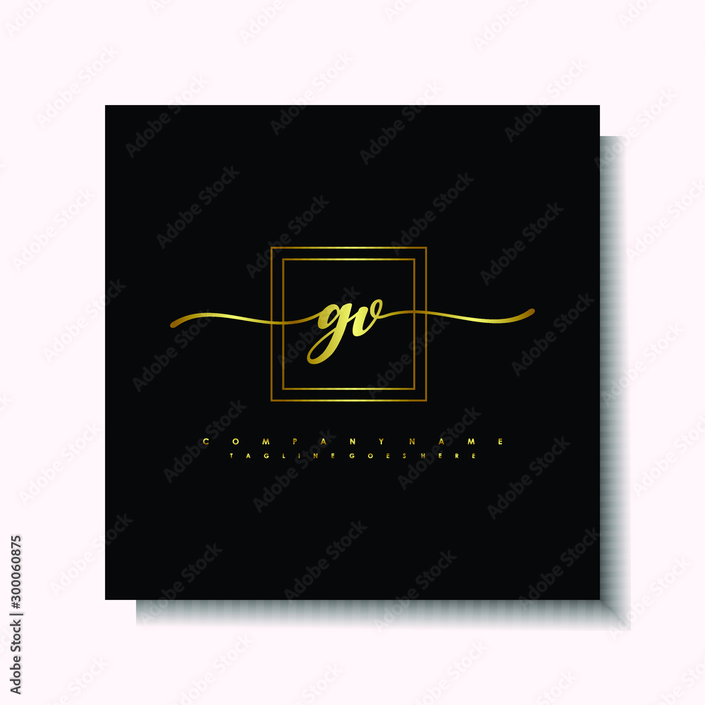 Letter handwriting G, GV in the box line gold colored, black background ...
