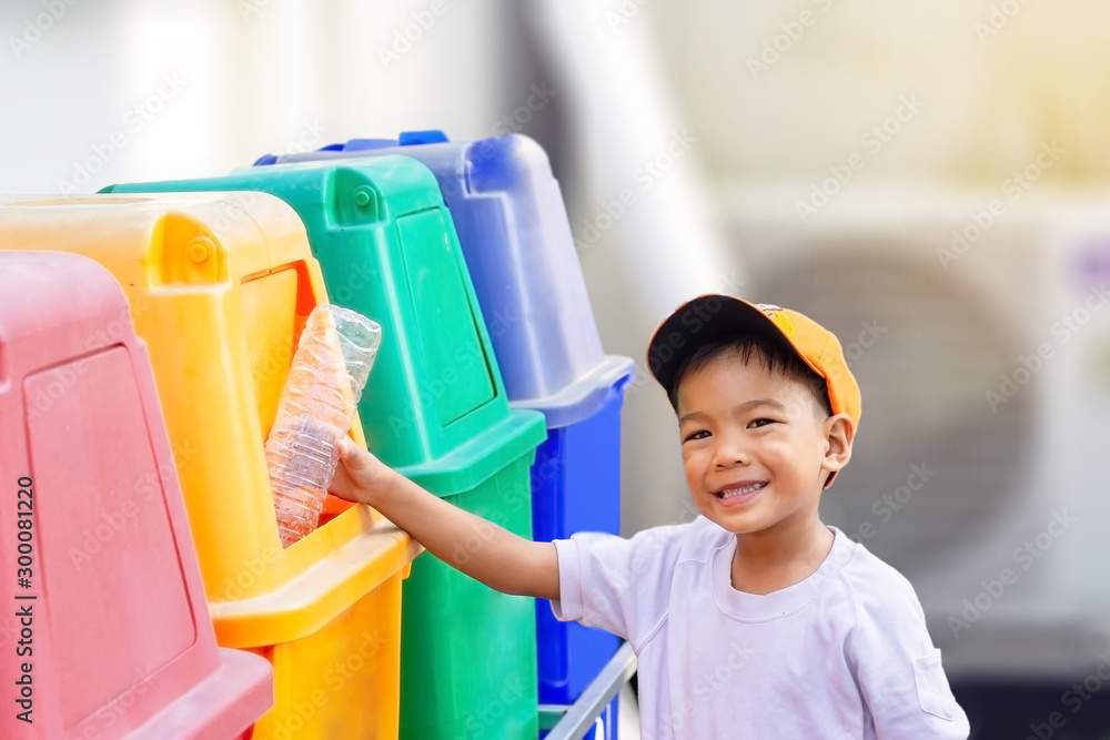 Soft focus, Save environmental concept, a child boy throwing a plastic ...