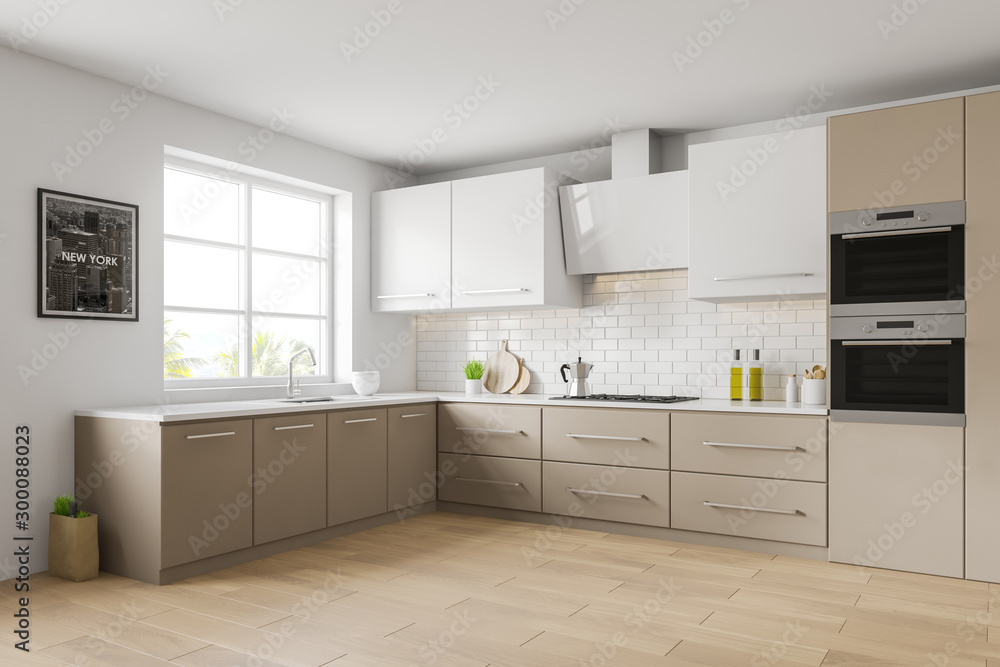White and beige kitchen corner, counters, picture Stock Photo | Adobe Stock