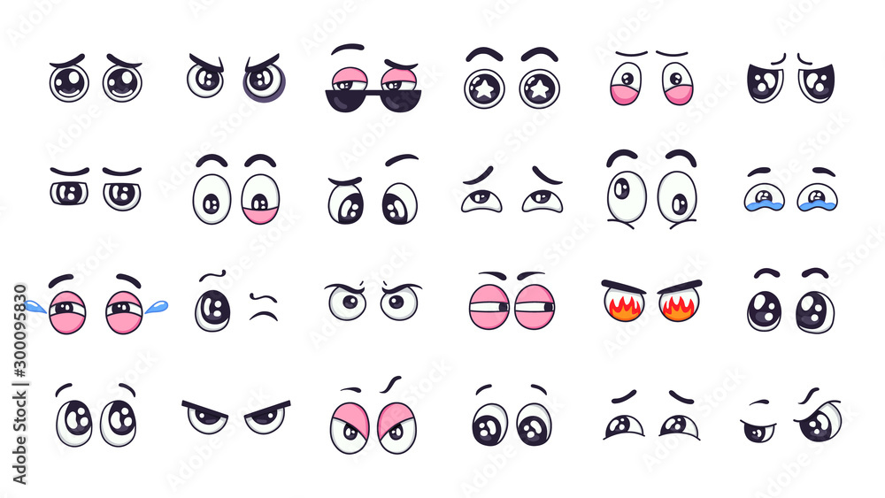 Cartoon eyes. Comic funny expression eyes with various emotions, crying ...