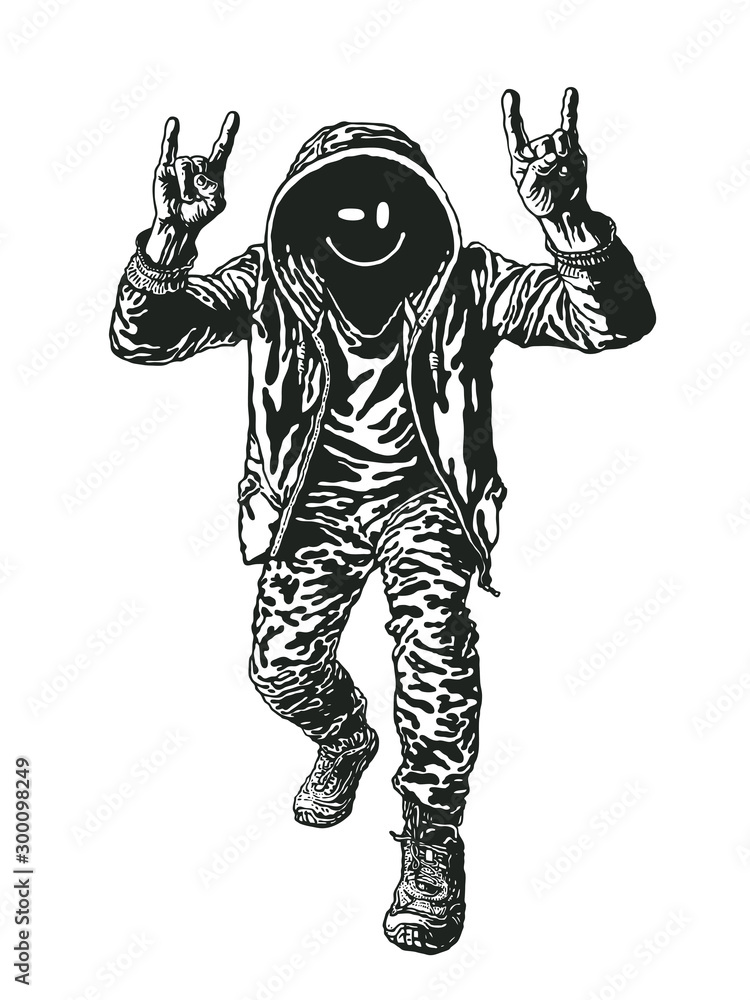 Rocker Shows Sign Of The Horns Symbol. Funny man with emoticon instead ...
