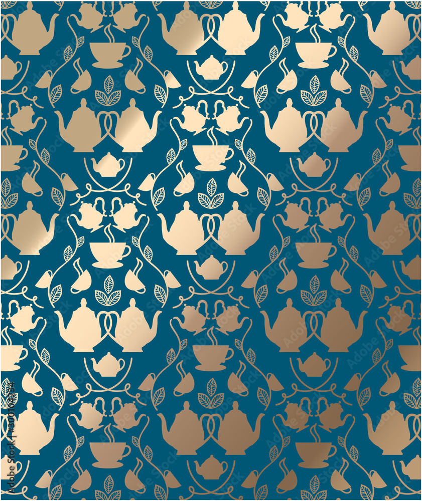 Tea pattern background. Teapot and cup seamless blue and gold ornament ...