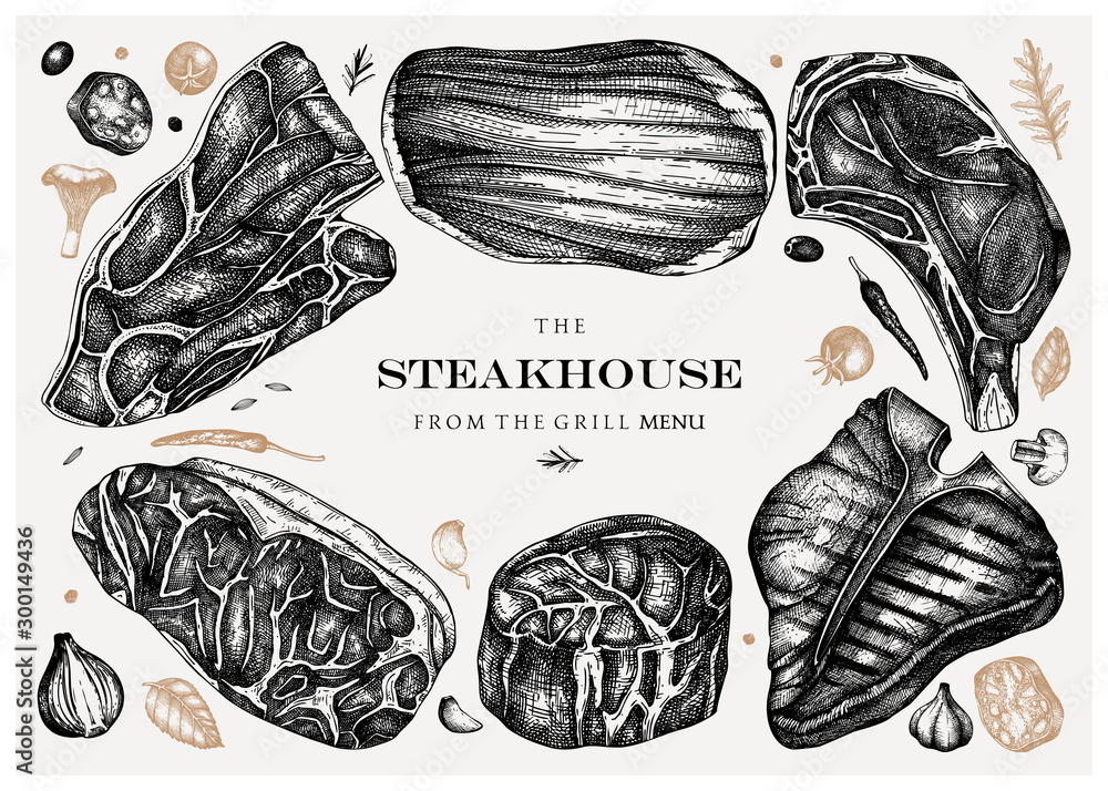 Raw beef steaks vector illustration collection. Raw meat top view ...