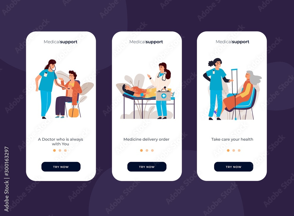Medical onboard screen. Mobile app UI with blood donation, doctor ...