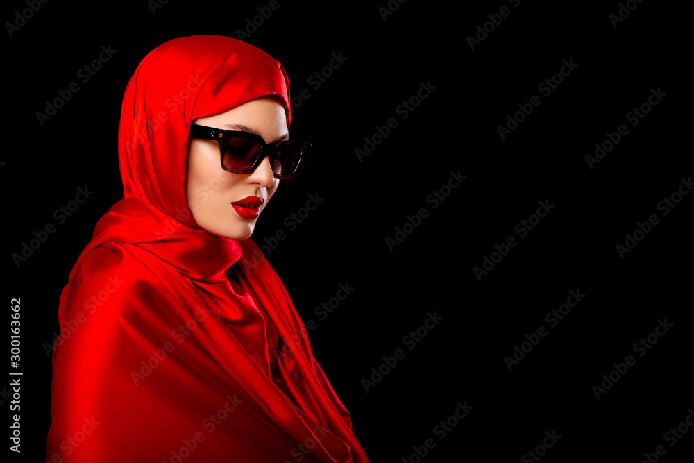 Beautiful Arabic young Woman in Red head scarf. plump red Lips ...