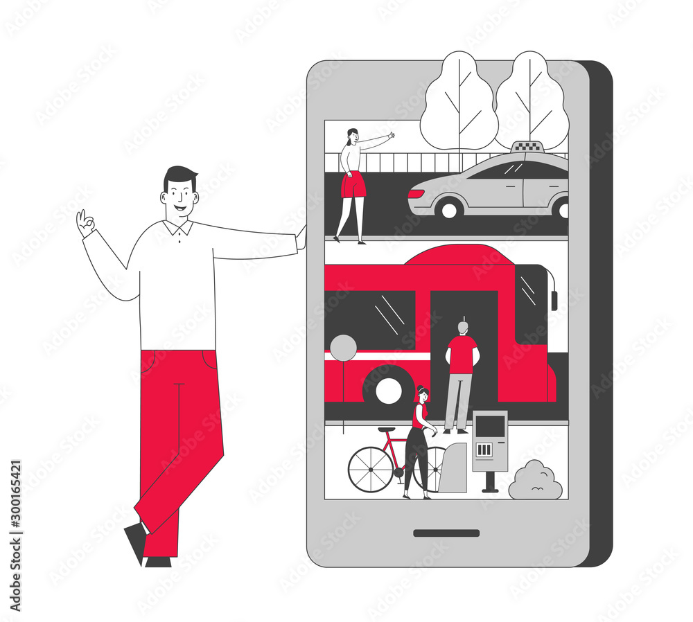 Smart Application for Ordering City Transport Concept. Young Man Stand ...