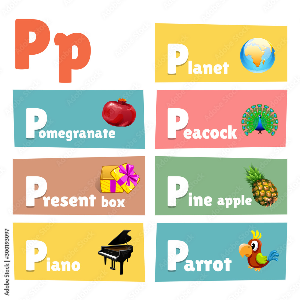 Letter P with pictures and words with P Stock Vector | Adobe Stock