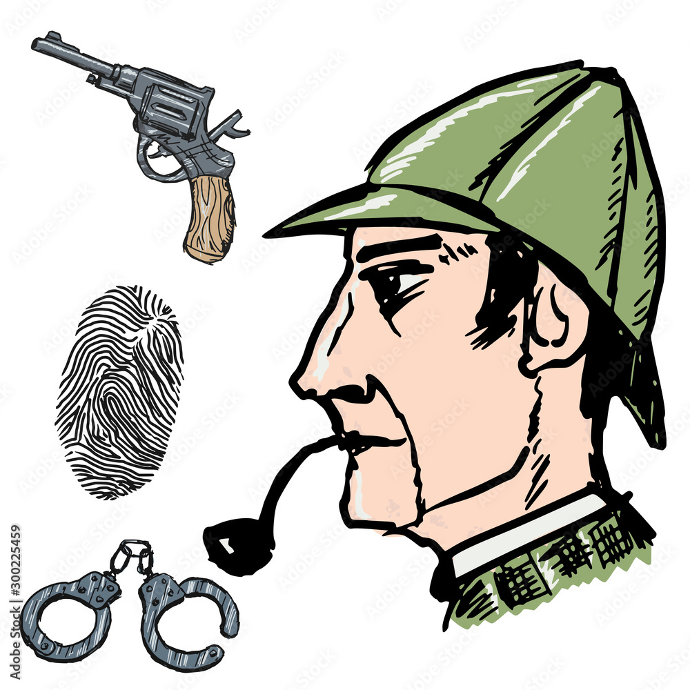Sherlock Holmes famous detective. Hand drawn, vector set images ...