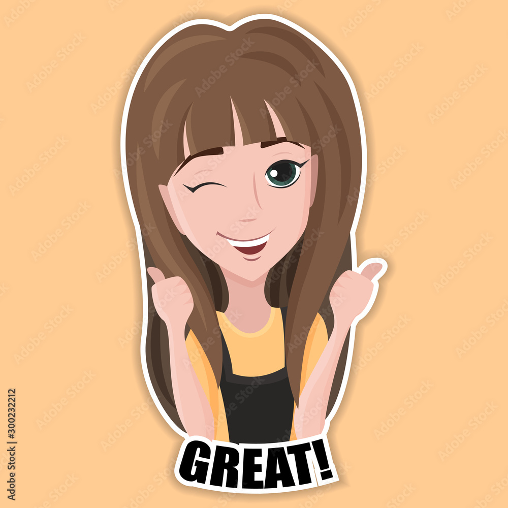 Emotion sticker with cute happy girl gives a thumbs-up! Isolated ...
