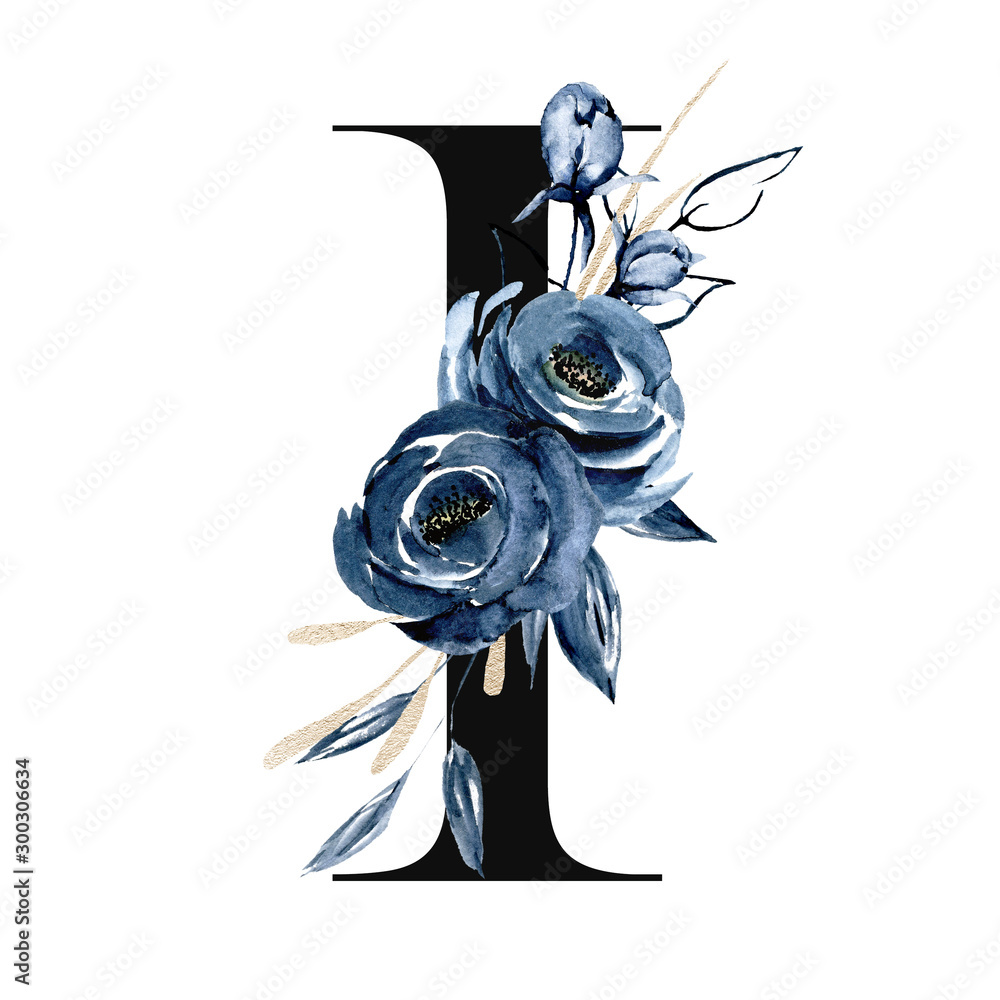 Floral alphabet, letter I with watercolor navy blue flowers and leaf ...