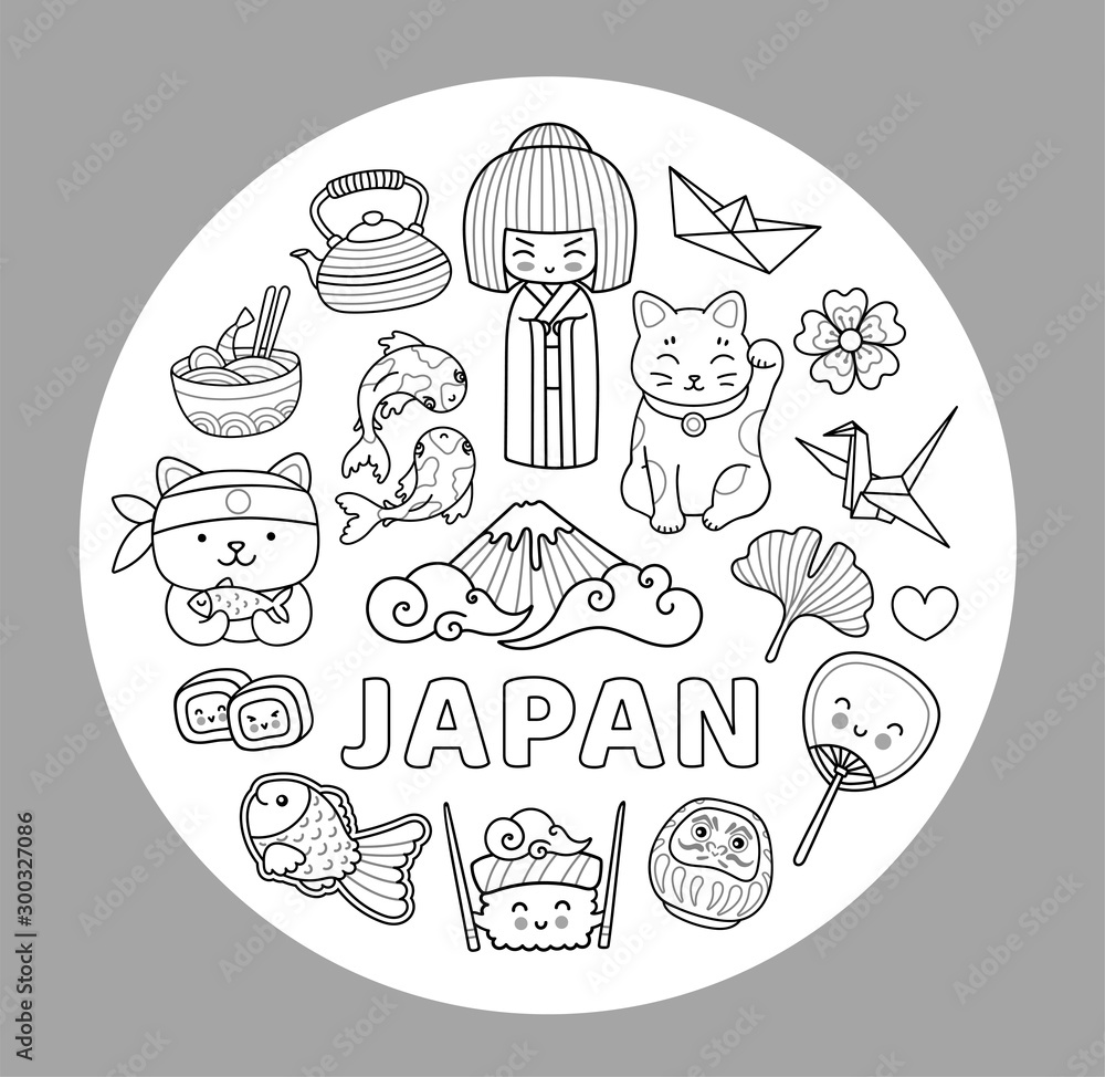Japanese outline symbols in the shape of a circle. Fuji, geisha, sushi ...