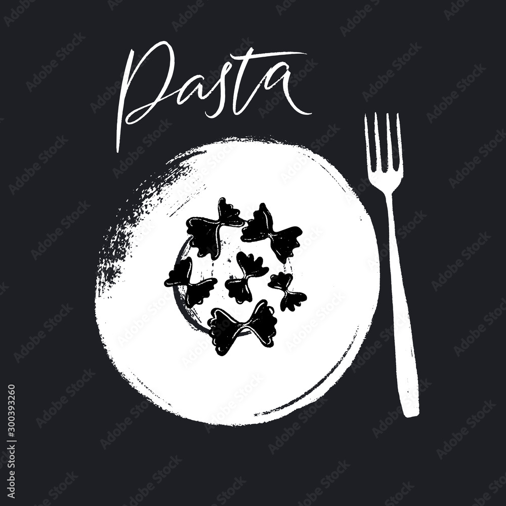 Pasta word - handwritten calligrahy and hand drawn plate served with ...