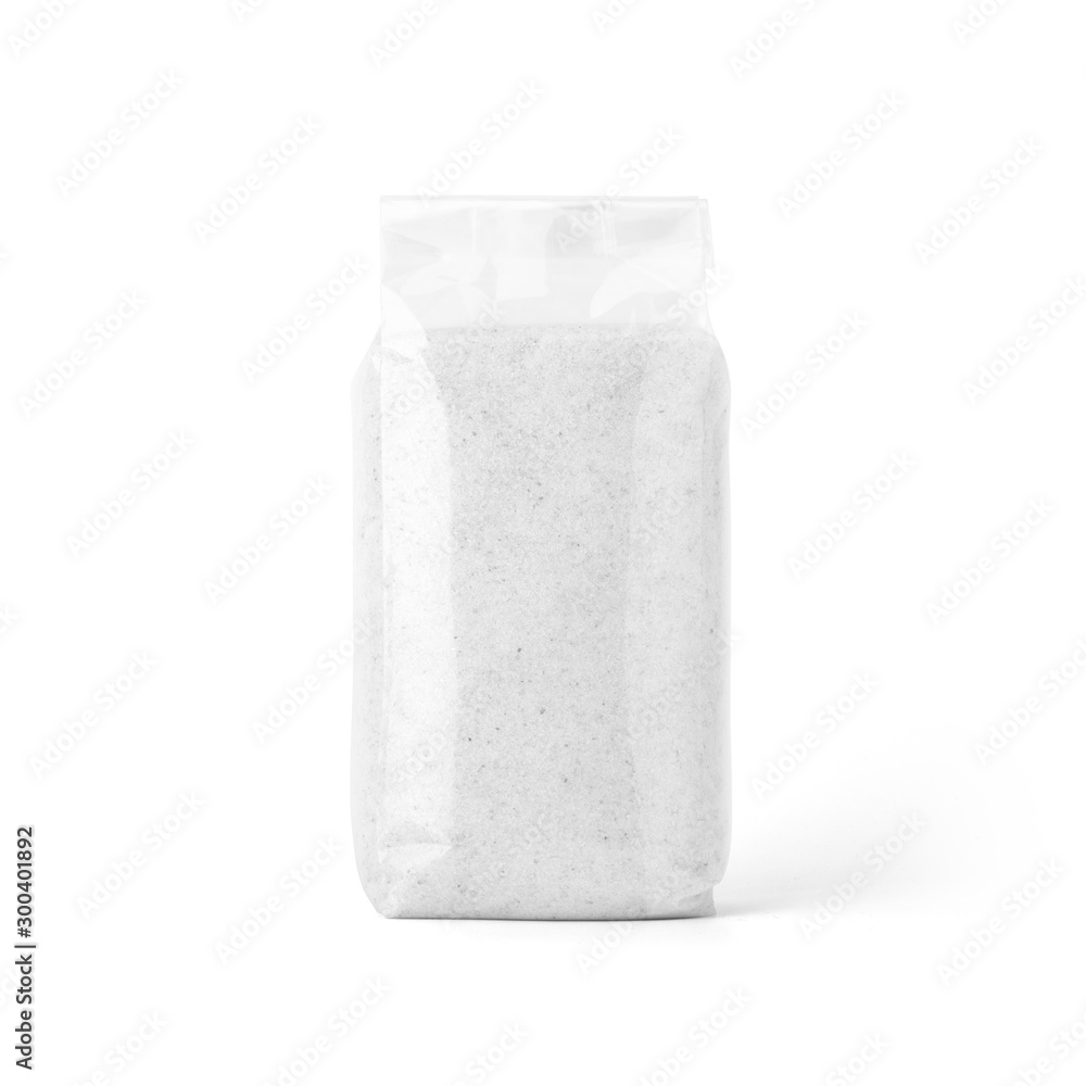 Salt in transparent plastic bag isolated on white background. Packaging ...