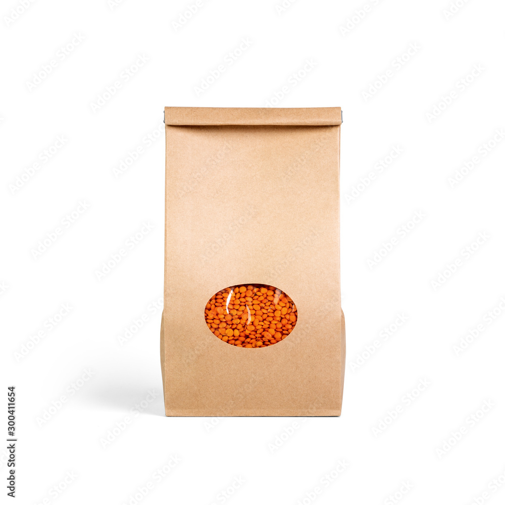 Brown craft paper bag with red lentils packaging template isolated on ...
