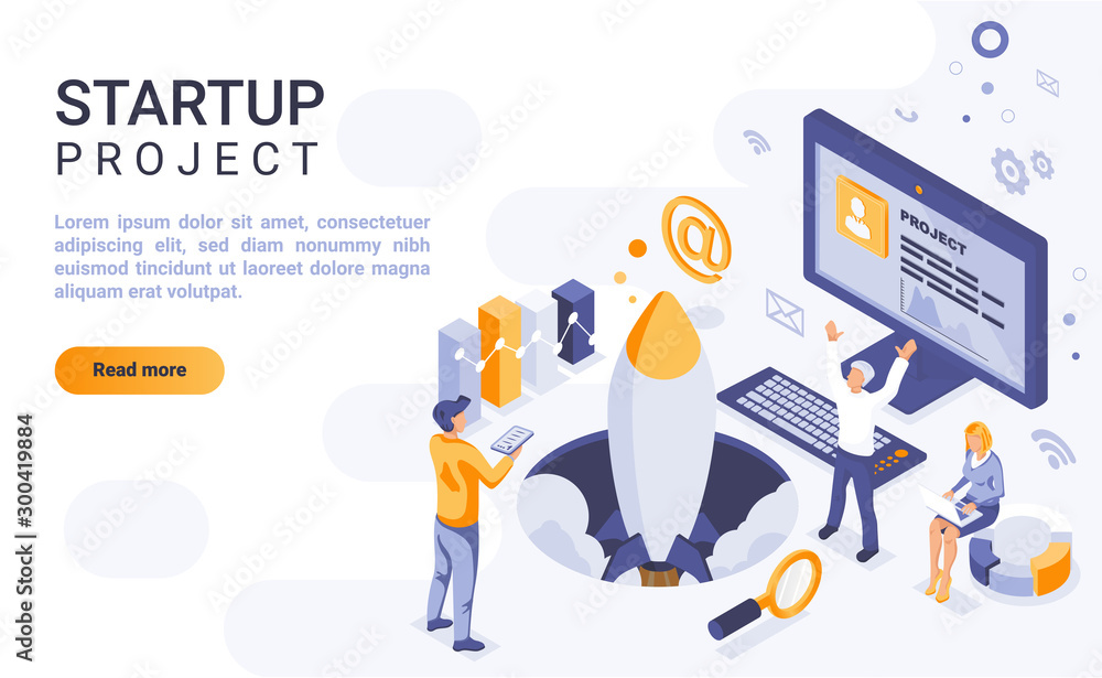 Startup project landing page vector template with isometric ...