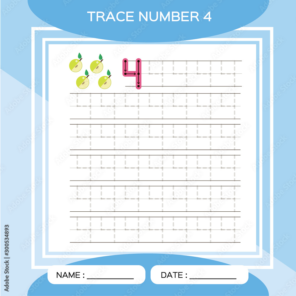 Trace number 4 Four. Children educational game. Kids learning material ...