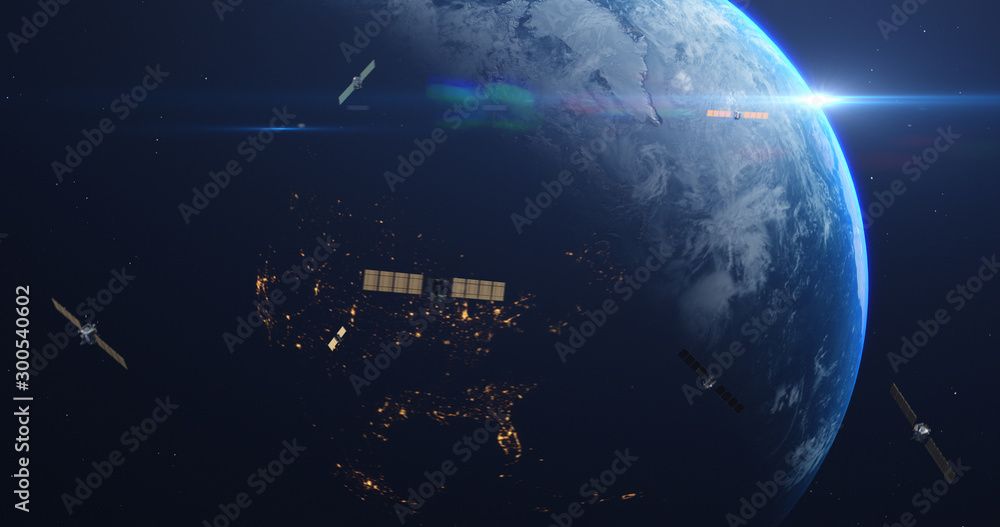 Fast Camera Zoom To The Planet Earth. Satellites Flying Around Orbiting ...