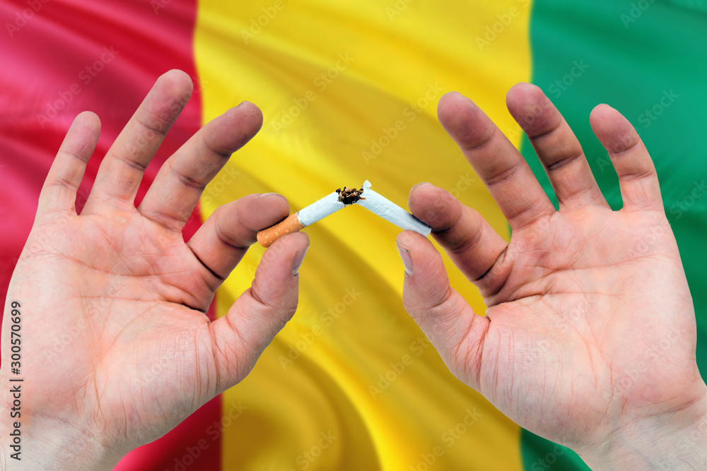 Guinea quit smoking cigarettes concept. Adult man hands breaking ...