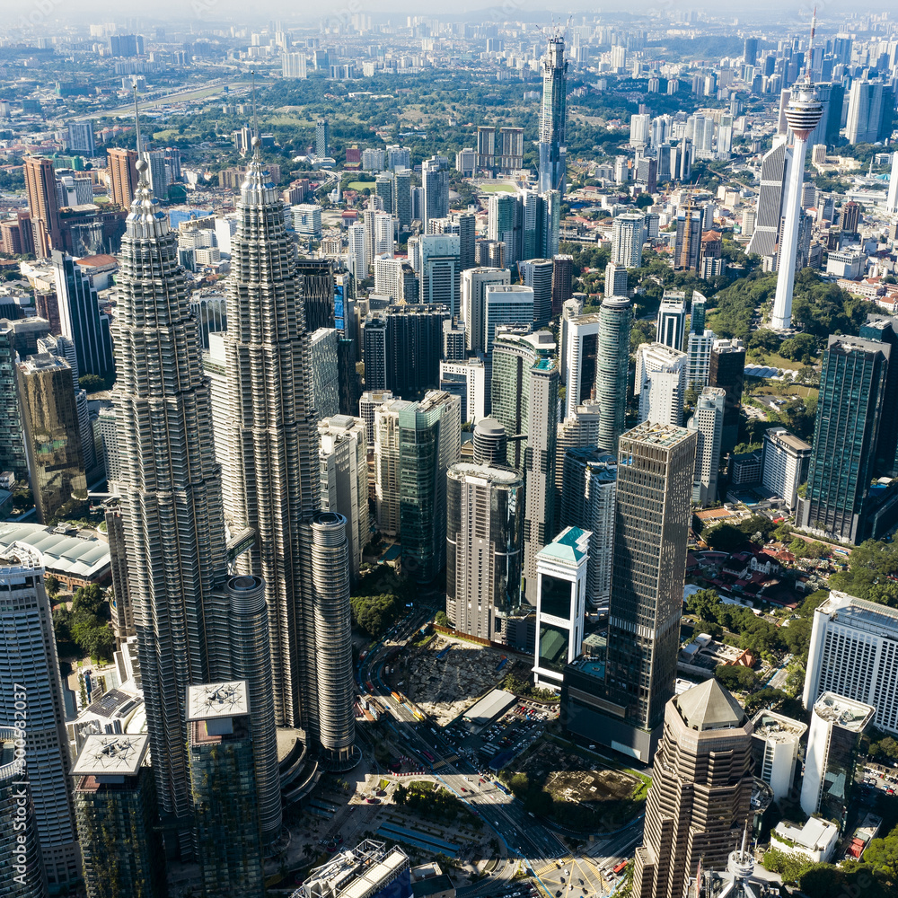 Aerial view of the Kuala Lumpur city skyline with the Petronas Twin ...