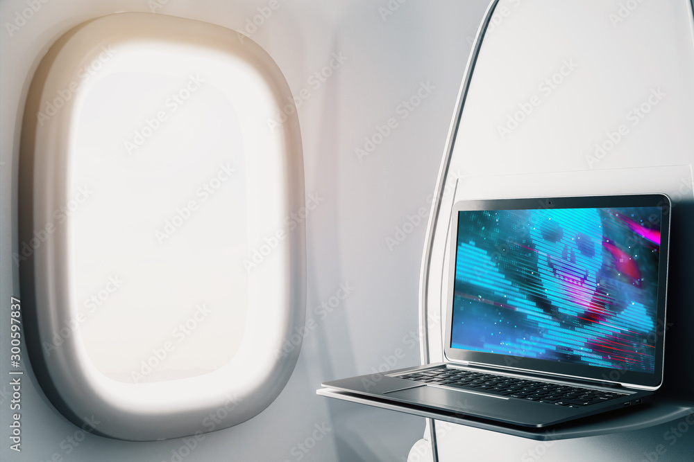 Laptop closeup inside airplane with hacking theme pic on screen. Data safety concept. 3d ...